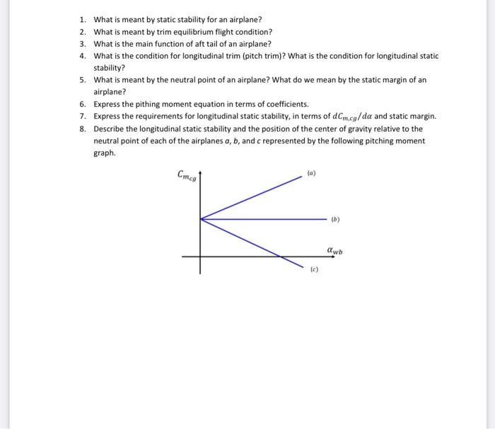 Solved 1. What is meant by static stability for an airplane? | Chegg.com