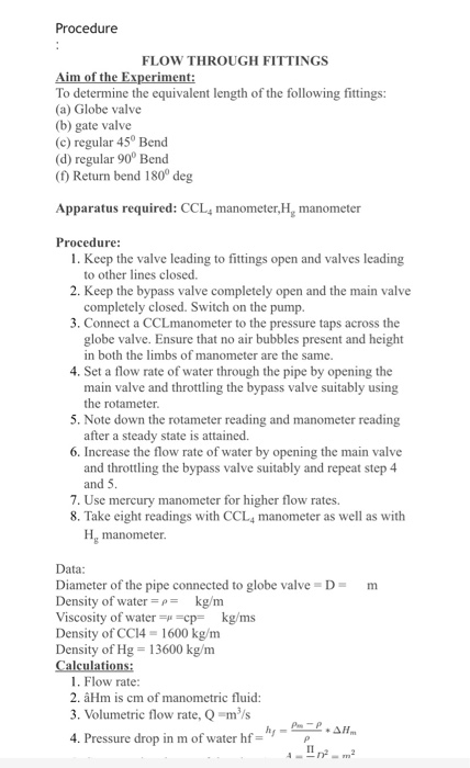 Theory Experiment No.2 FLOW THROUGH FITTINGS | Chegg.com