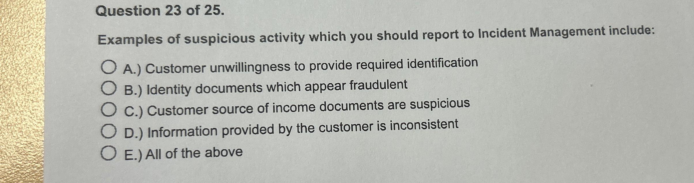 Solved Question 23 ﻿of 25.Examples of suspicious activity | Chegg.com