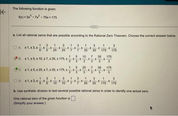 Solved The following function is given. f(x)=3x3−7x2−75x+175 | Chegg.com
