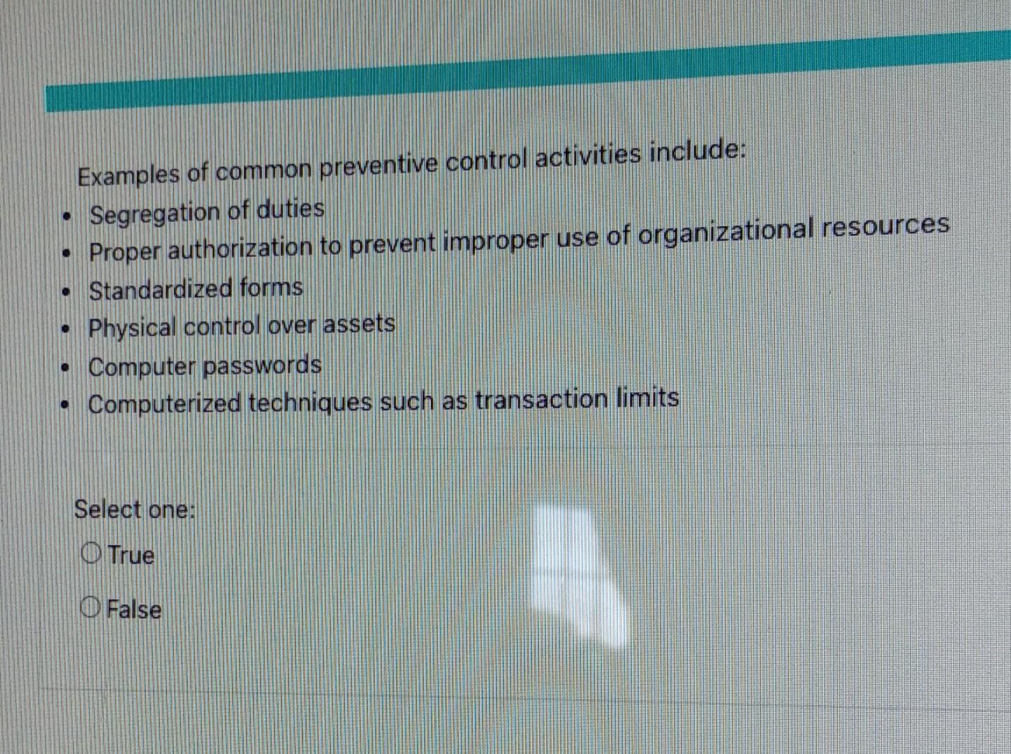 Solved Examples of common preventive control activities | Chegg.com