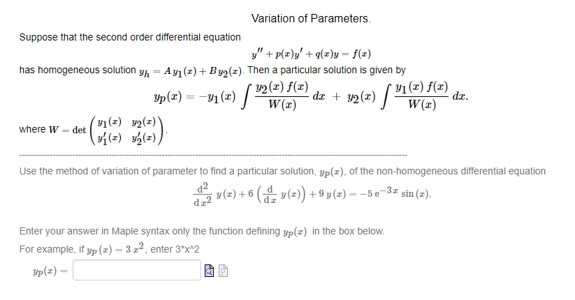 Solved Variation Of Parameters Suppose That The Second Order