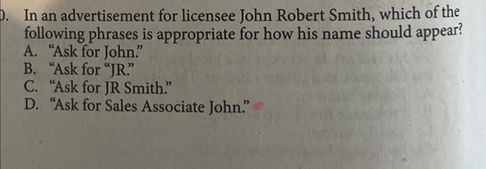 Solved In an advertisement for licensee John Robert Smith, | Chegg.com