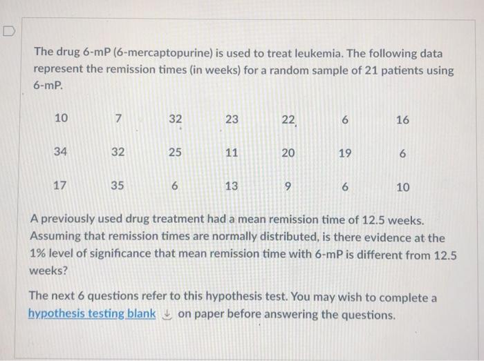 Solved u The drug 6-mP (6-mercaptopurine) is used to treat | Chegg.com