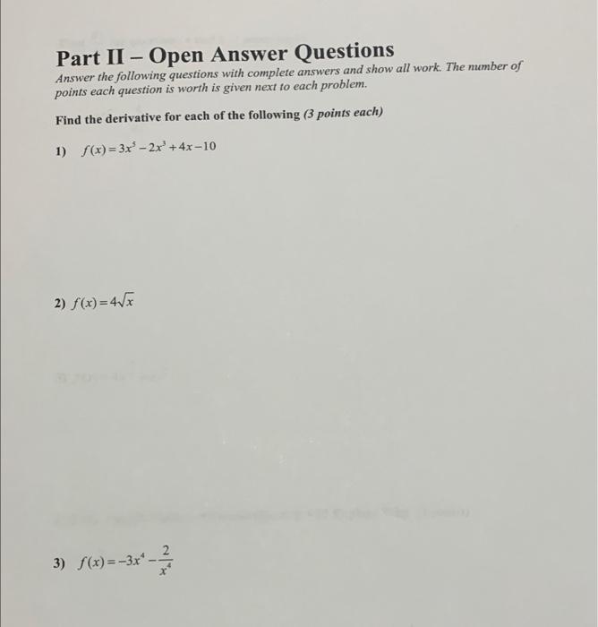 Solved Part II - Open Answer Questions Answer the following | Chegg.com
