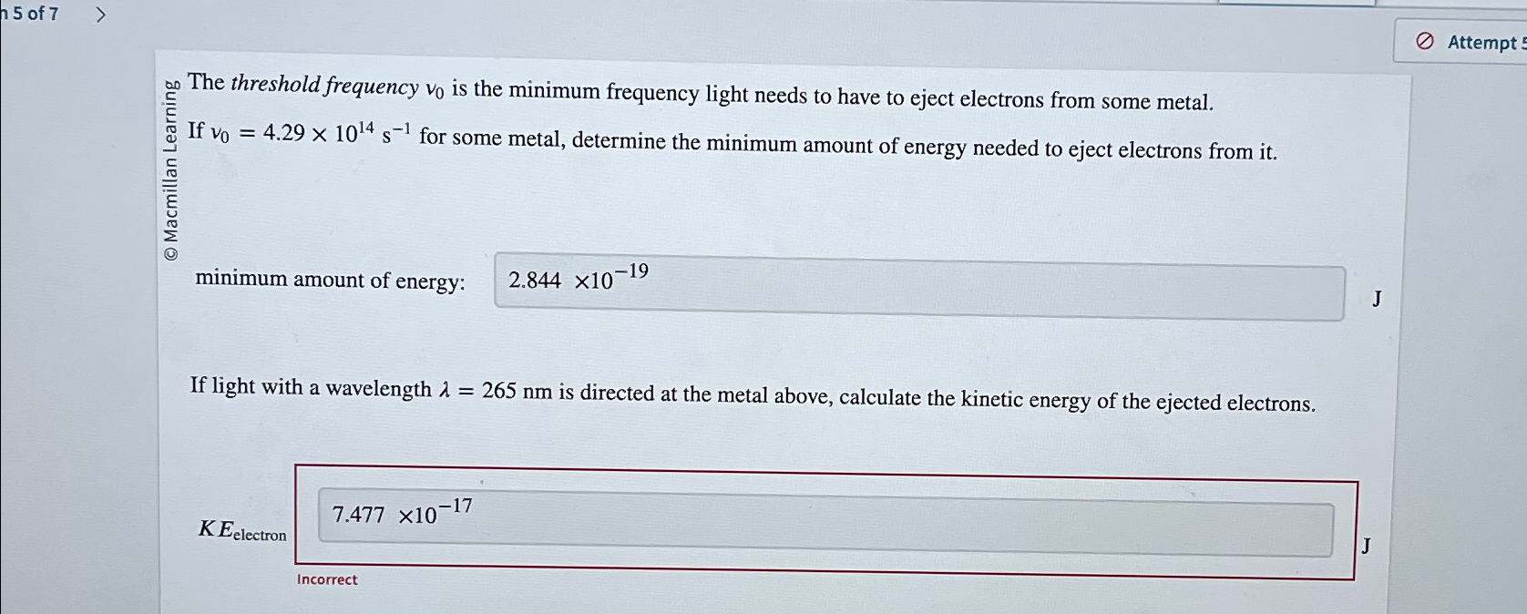 Solved 5 ﻿of 7Attempt 5The threshold frequency v0 ﻿is the | Chegg.com