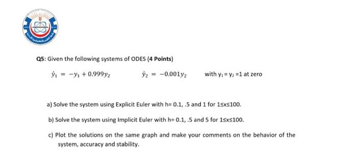 Solved Q5: Given the following systems of ODES (4 Points) | Chegg.com