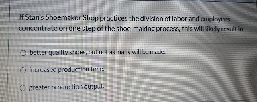 Solved If Stan's Shoemaker Shop practices the division of | Chegg.com
