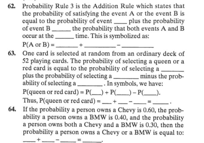 Solved 62. Probability Rule 3 is the Addition Rule which | Chegg.com