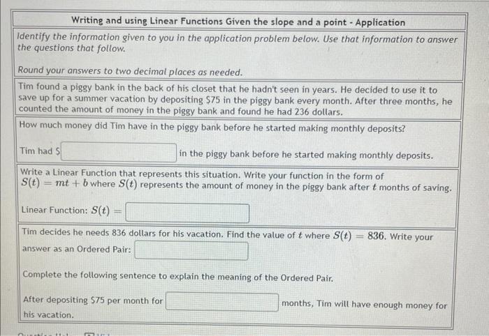 Solved Writing and using Linear Functions Given the slope | Chegg.com