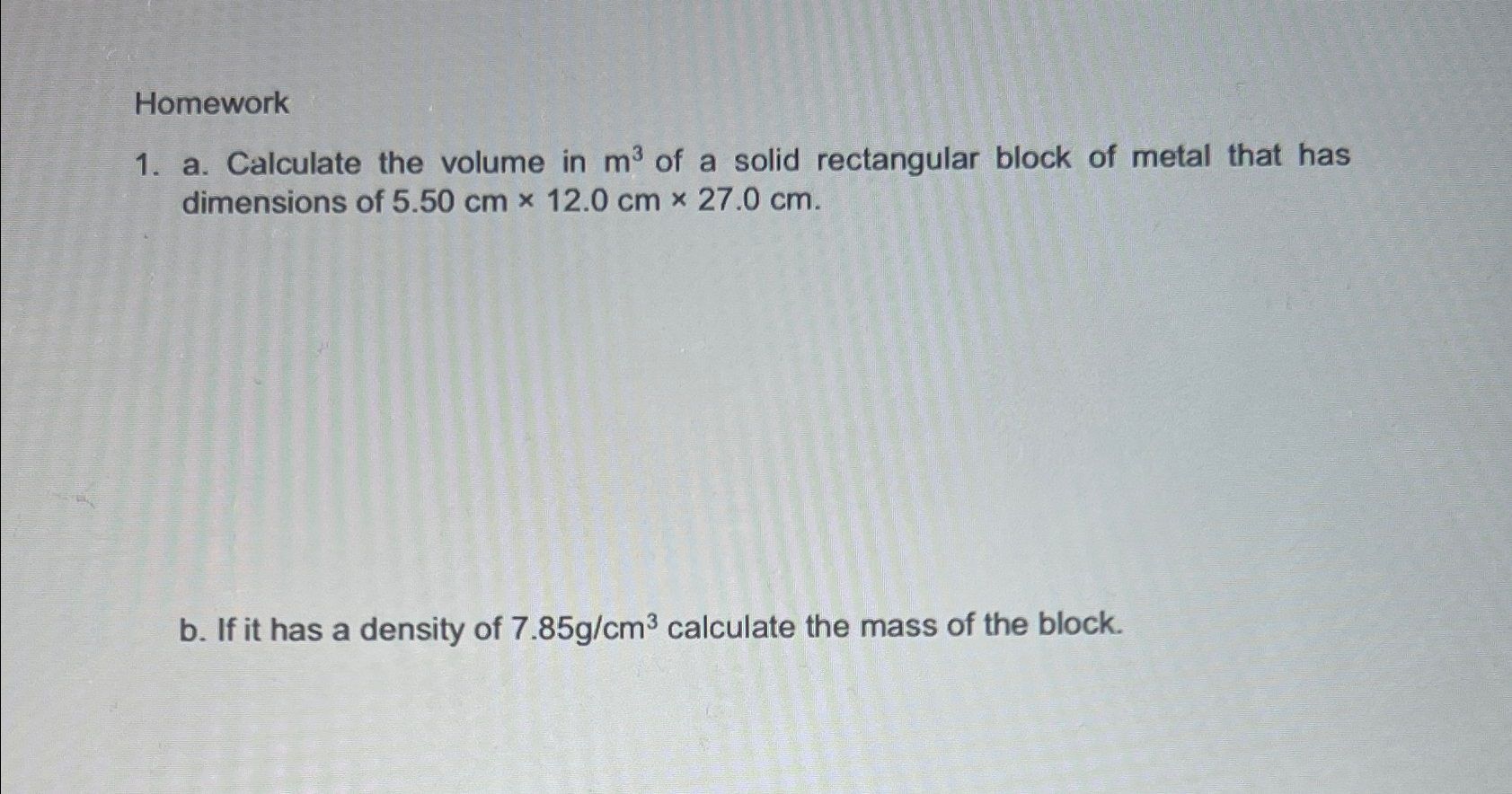 Solved Homeworka. ﻿Calculate the volume in m3 ﻿of a solid | Chegg.com
