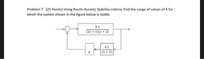 Solved Problem 7. (25 Points) Using Routh-Hurwitz Stability | Chegg.com