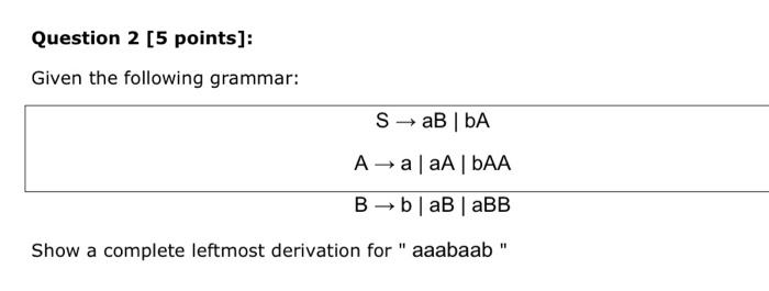 Solved Question 2 [5 points]: Given the following grammar: | Chegg.com