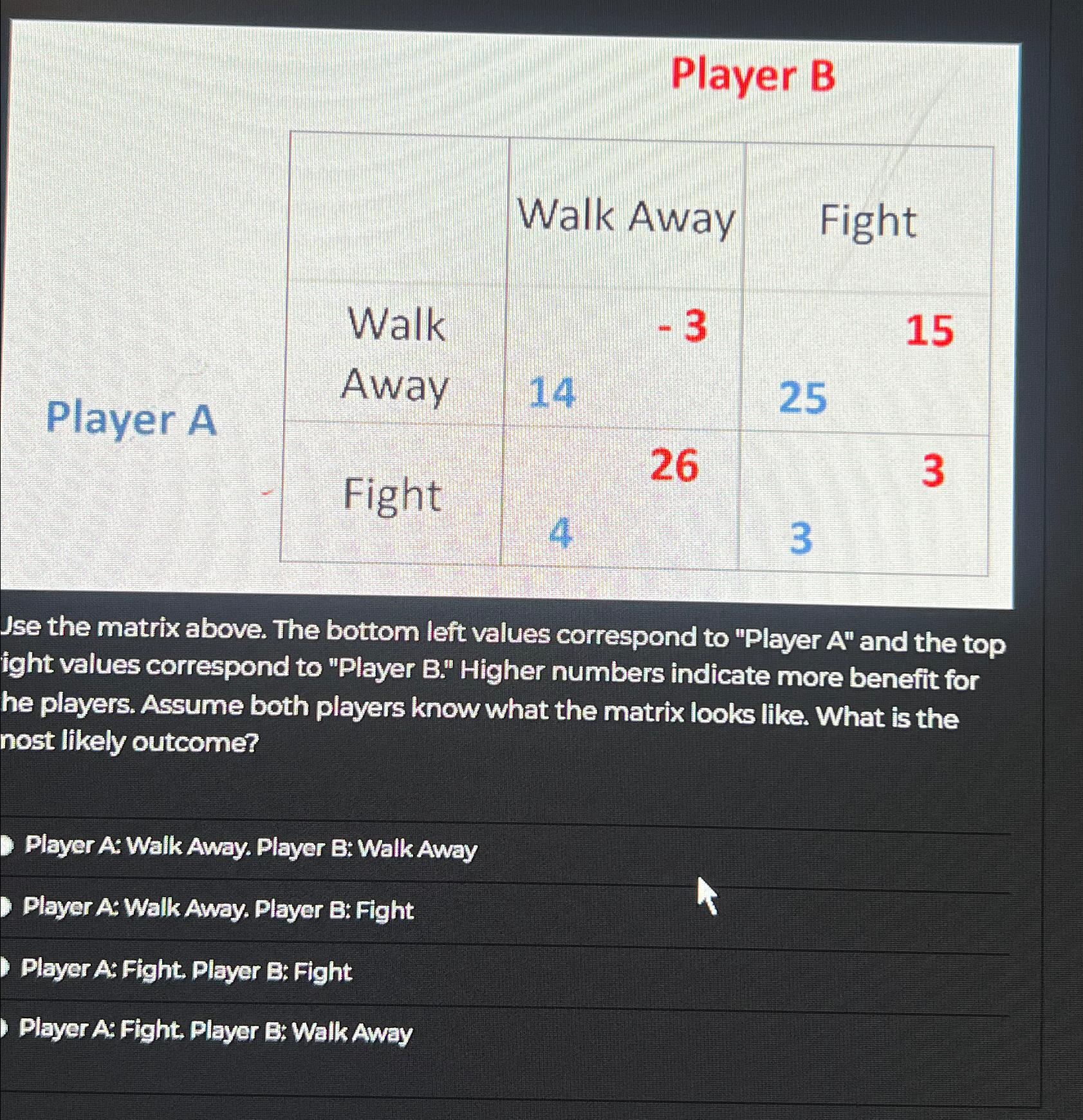 Solved Player B\table[[,,,Walk | Chegg.com
