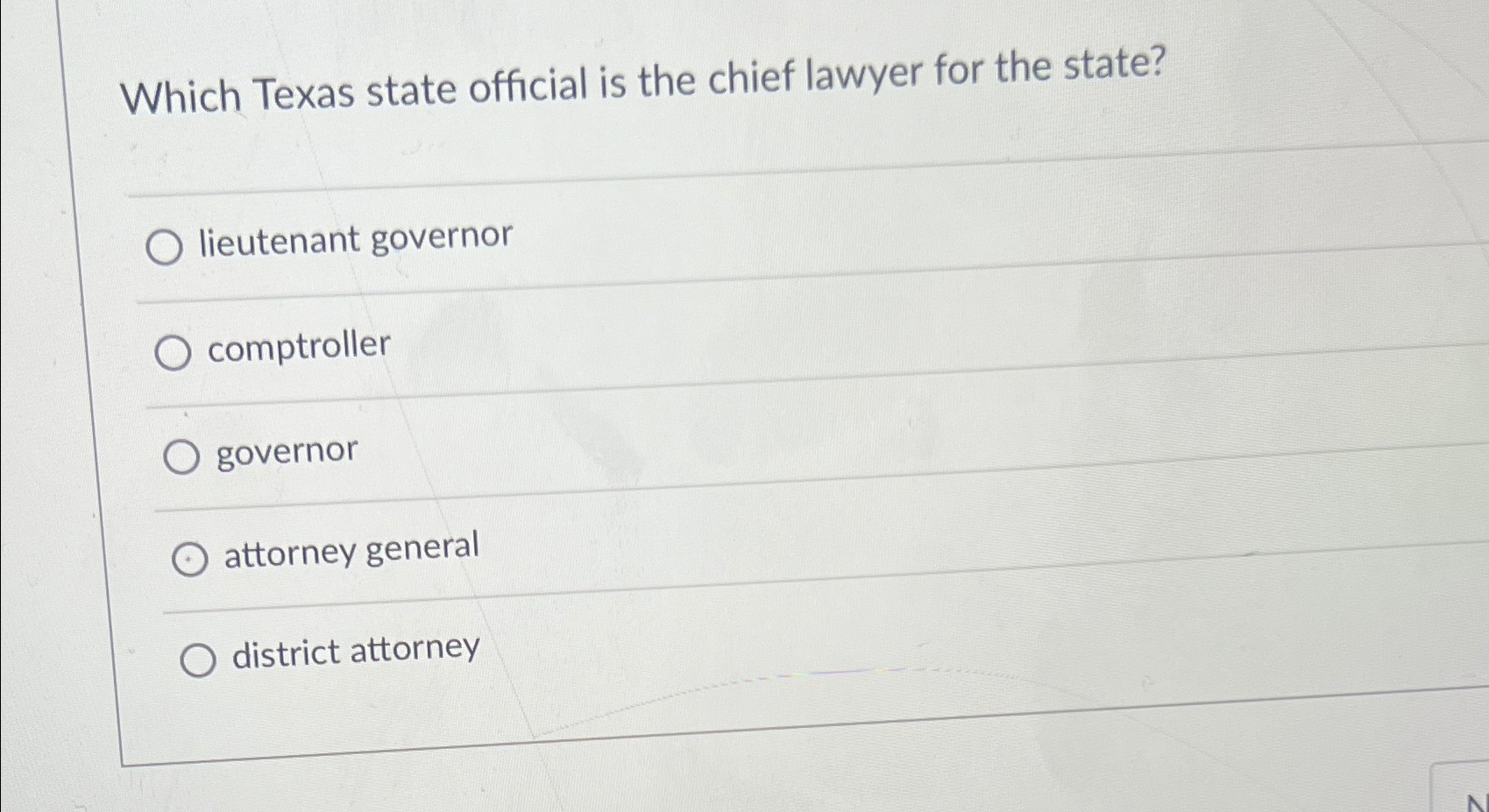 Solved Which Texas state official is the chief lawyer for | Chegg.com