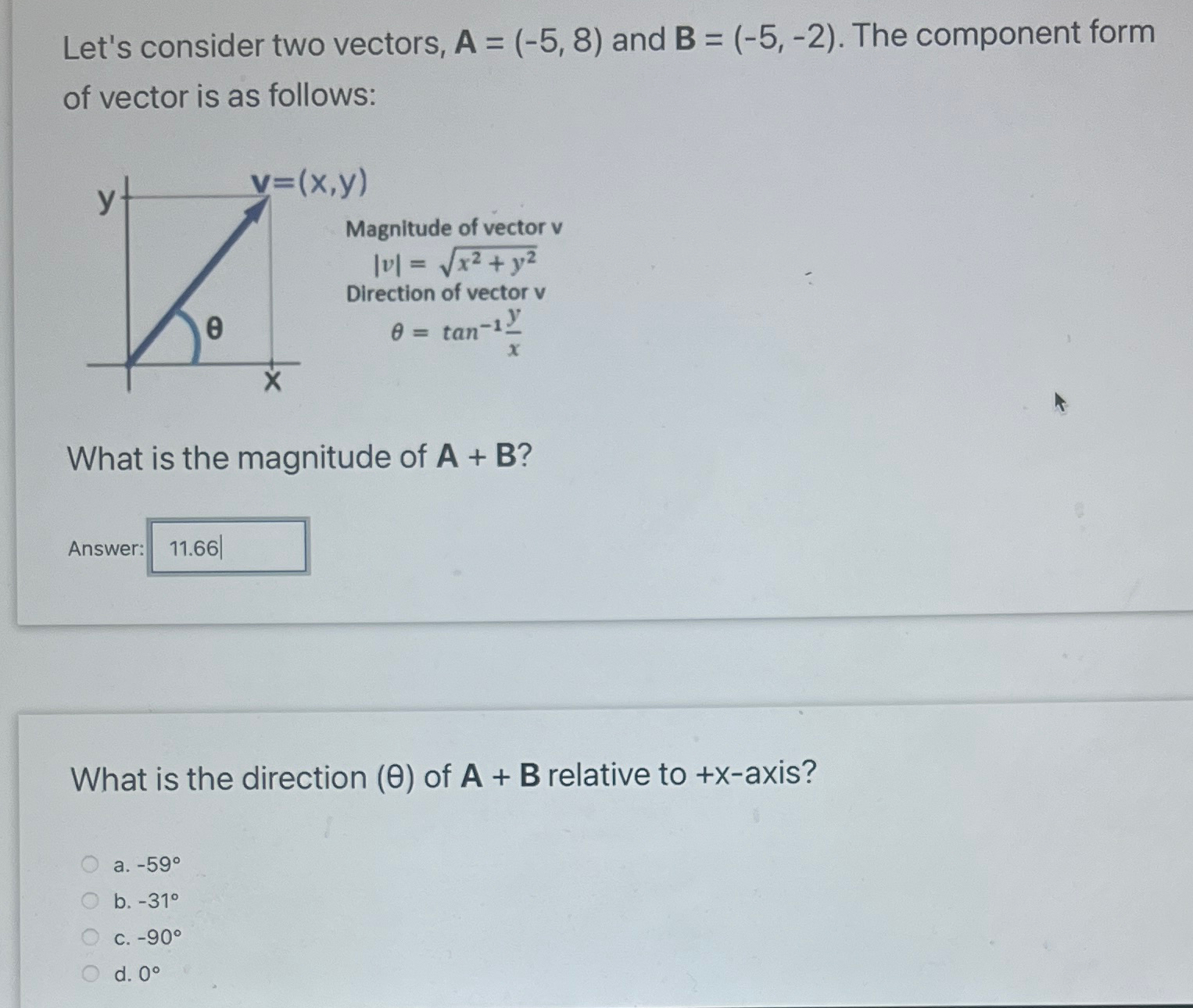 Solved Let's consider two vectors, A=(-5,8) ﻿and B=(-5,-2). | Chegg.com