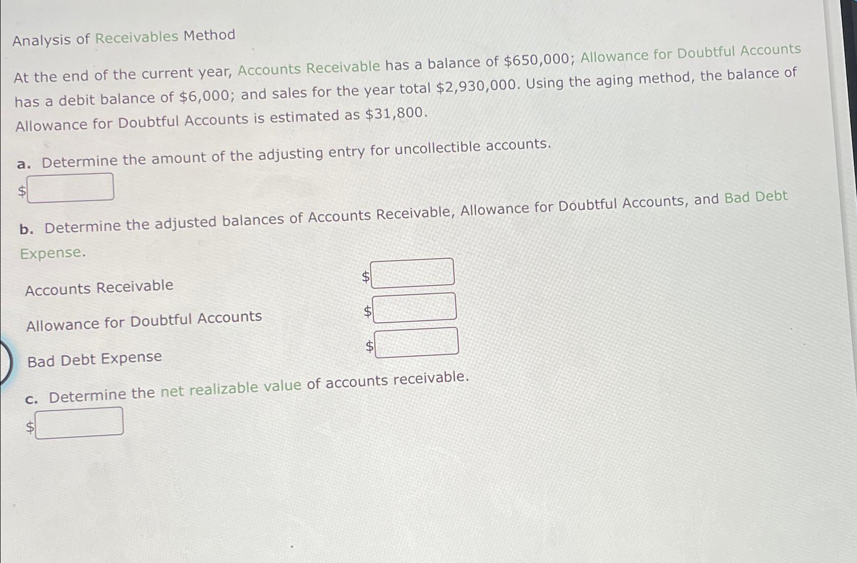 Solved Analysis of Receivables MethodAt the end of the | Chegg.com