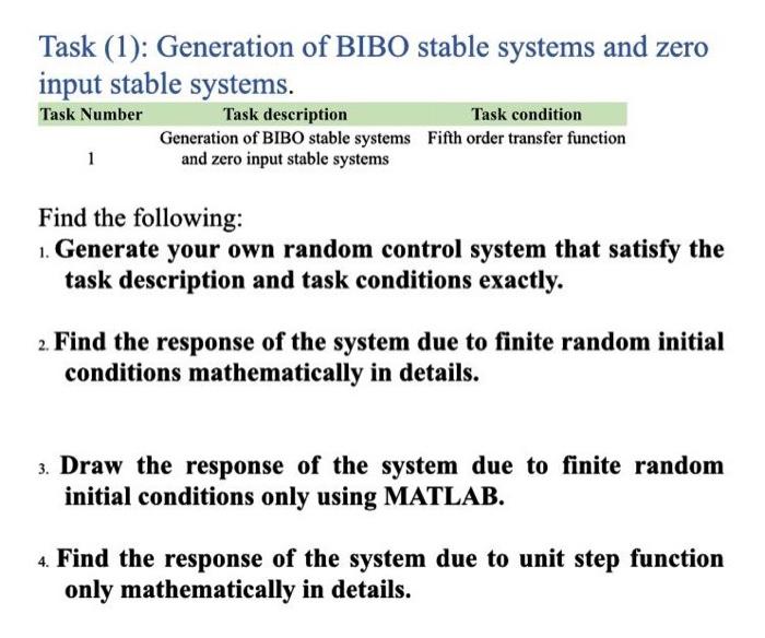 Solved Task (1): Generation of BIBO stable systems and zero | Chegg.com