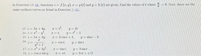 Solved In Exercises 13-18, functions z=f(x,y),x=g(t) and | Chegg.com