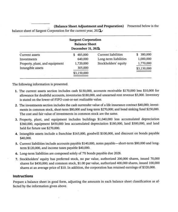 Solved (Balance Sheet Adjustment and Preparation) Presented | Chegg.com