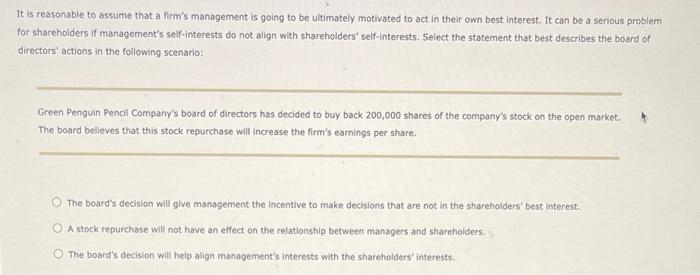Solved It is reasonable to assume that a firm's management | Chegg.com