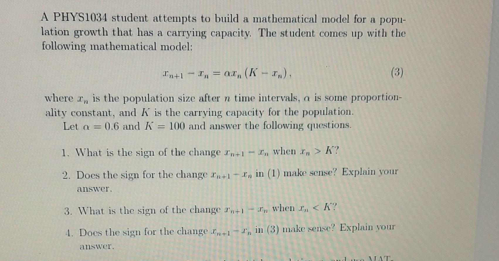 Solved A PHYS1034 student attempts to build a mathematical | Chegg.com