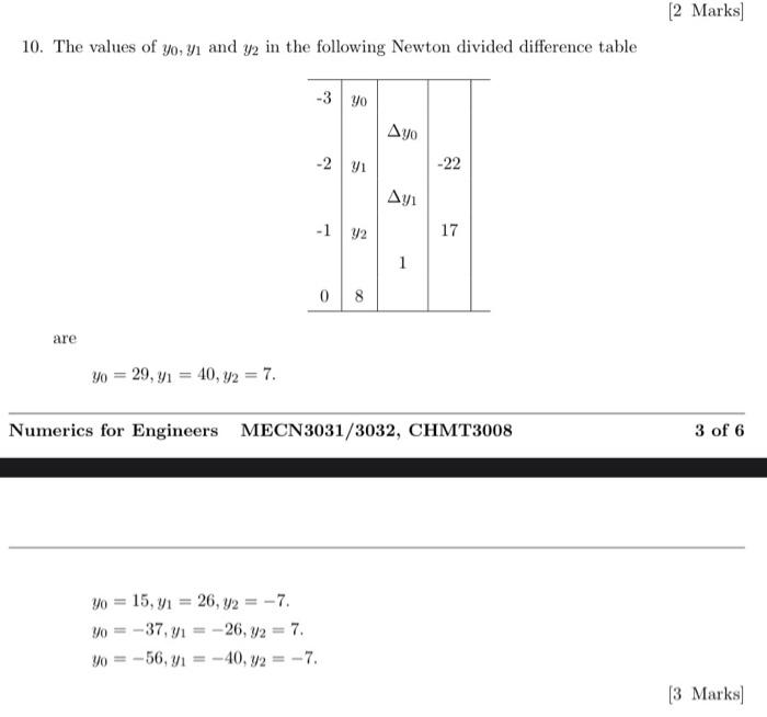 Solved [2 Marks) 10. The values of yo, yı and y2 in the | Chegg.com