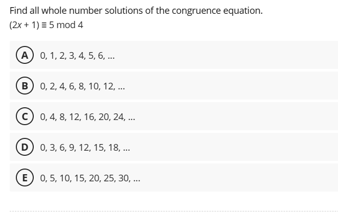 Solved Find all whole number solutions of the congruence | Chegg.com