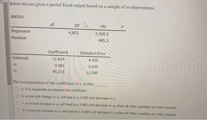 Solved Below you are given a partial Excel output based on a | Chegg.com