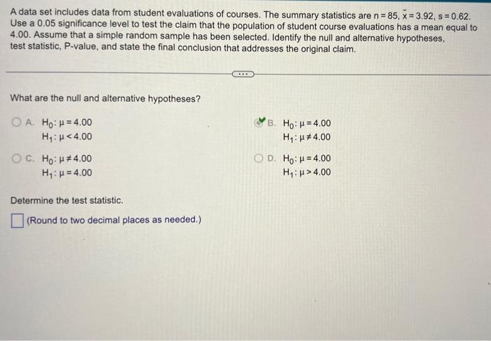 Solved A data set includes data from student evaluations of | Chegg.com