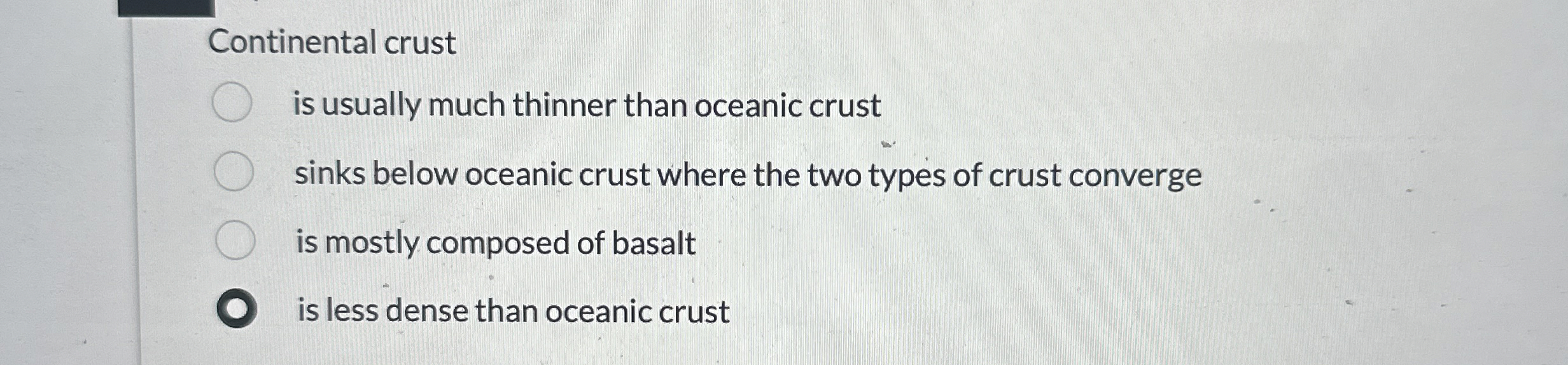 Solved Continental crustis usually much thinner than oceanic | Chegg.com