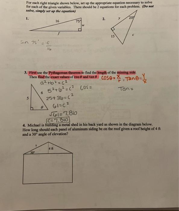 Solved For each right triangle shown below, set up the | Chegg.com