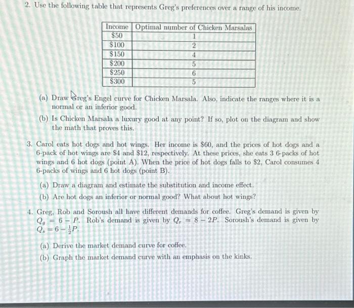 Solved 2. Use the following table that represents Greg's | Chegg.com