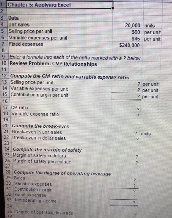 Solved 1 Chapter 5: Applying Excel 2 3 Data 4 Unit sales | Chegg.com