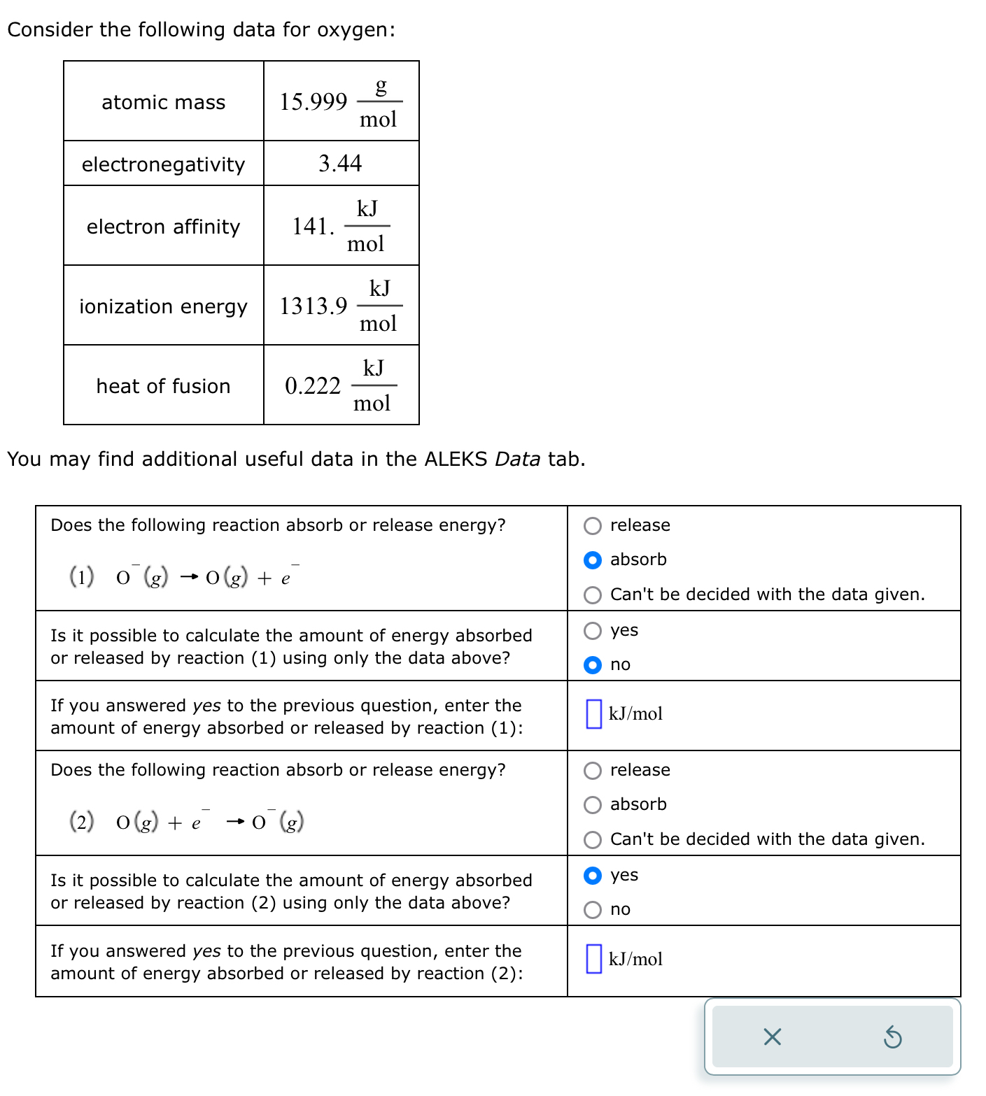 Solved Consider the following data for oxygen:\table[[atomic | Chegg.com