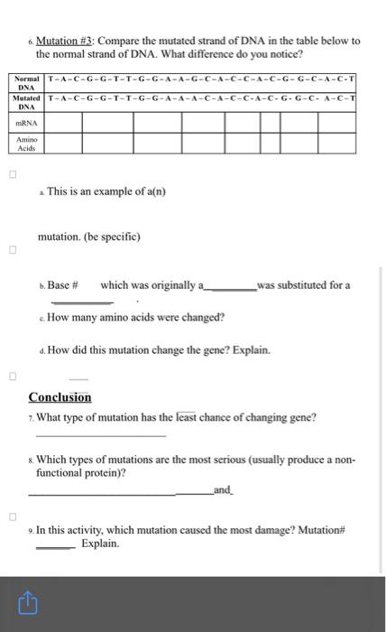 Solved 6. Mutation $3 : Compare the mutated strand of DNA in | Chegg.com