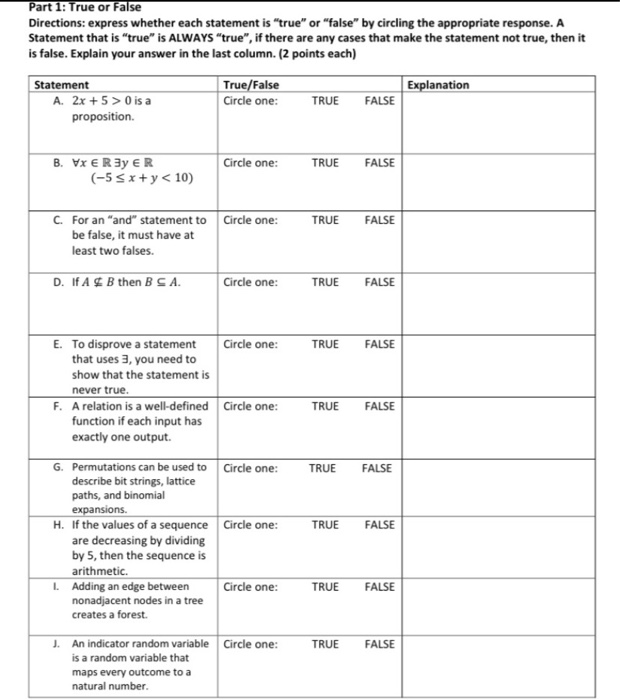 Solved Part 1: True or False Directions: express whether | Chegg.com
