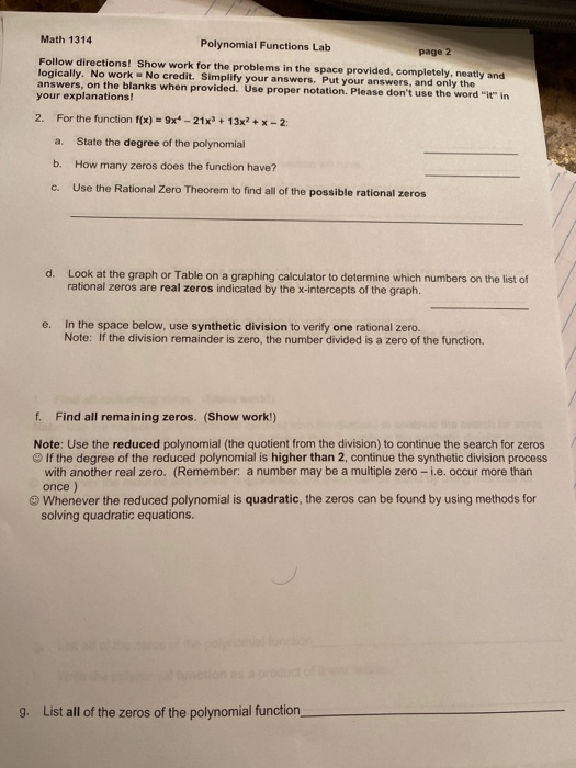 Solved Math 1314 Polynomial Functions Lab page 2 Follow | Chegg.com