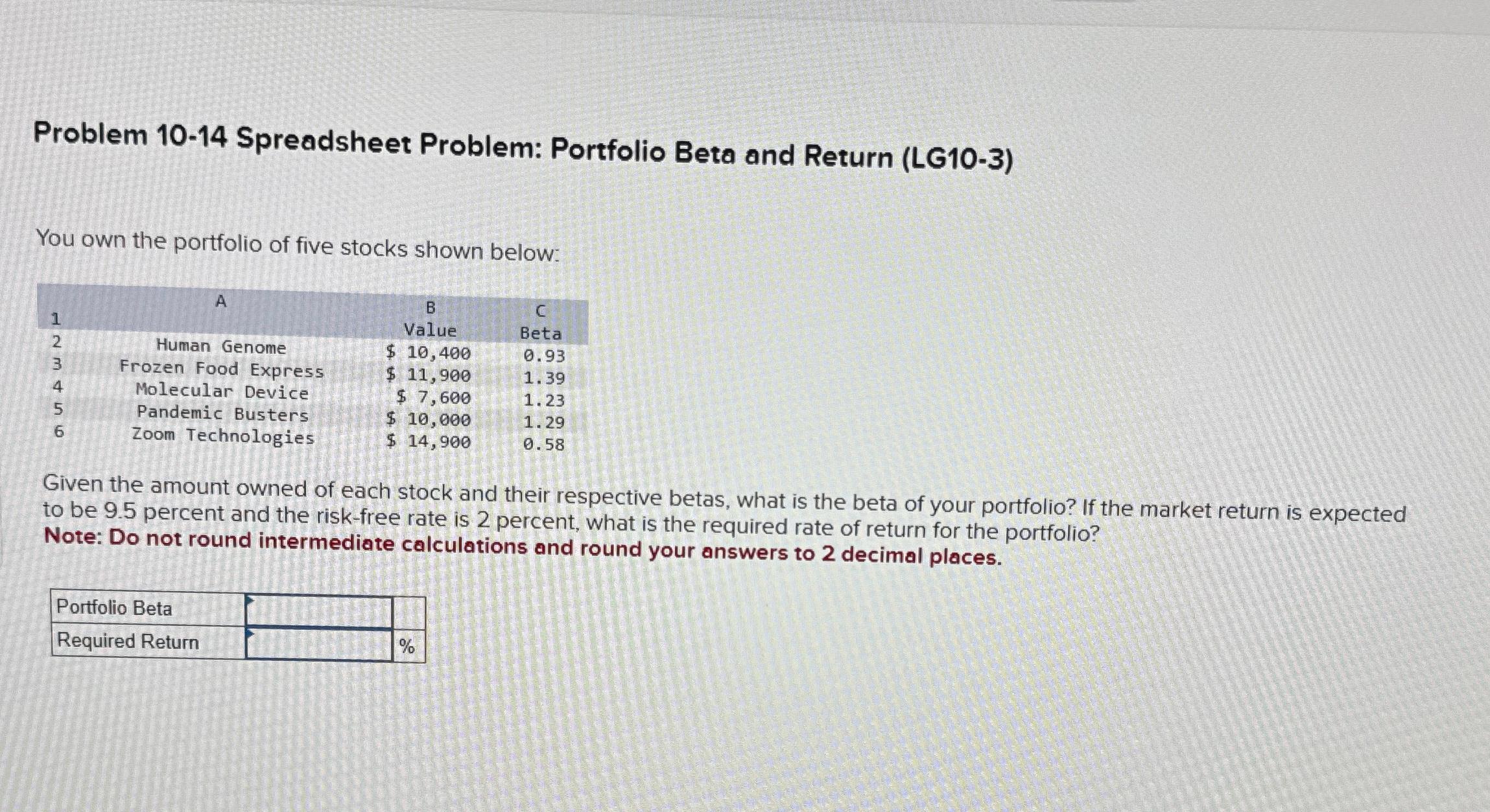 Solved Problem 10-14 ﻿Spreadsheet Problem: Portfolio Beta | Chegg.com