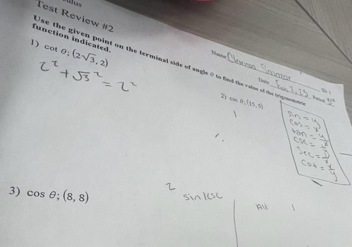 Solved 3) cosθ;(8,8) sin1csc | Chegg.com