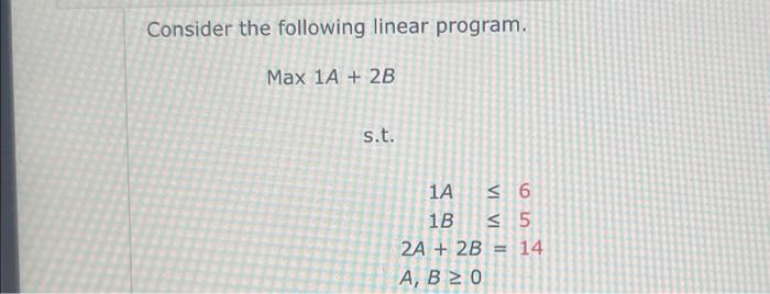Solved Consider the following linear program. Max 1A + 2B | Chegg.com