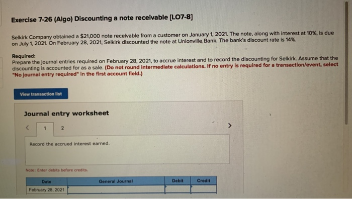 Solved Exercise 7-26 (Algo) Discounting a note receivable | Chegg.com