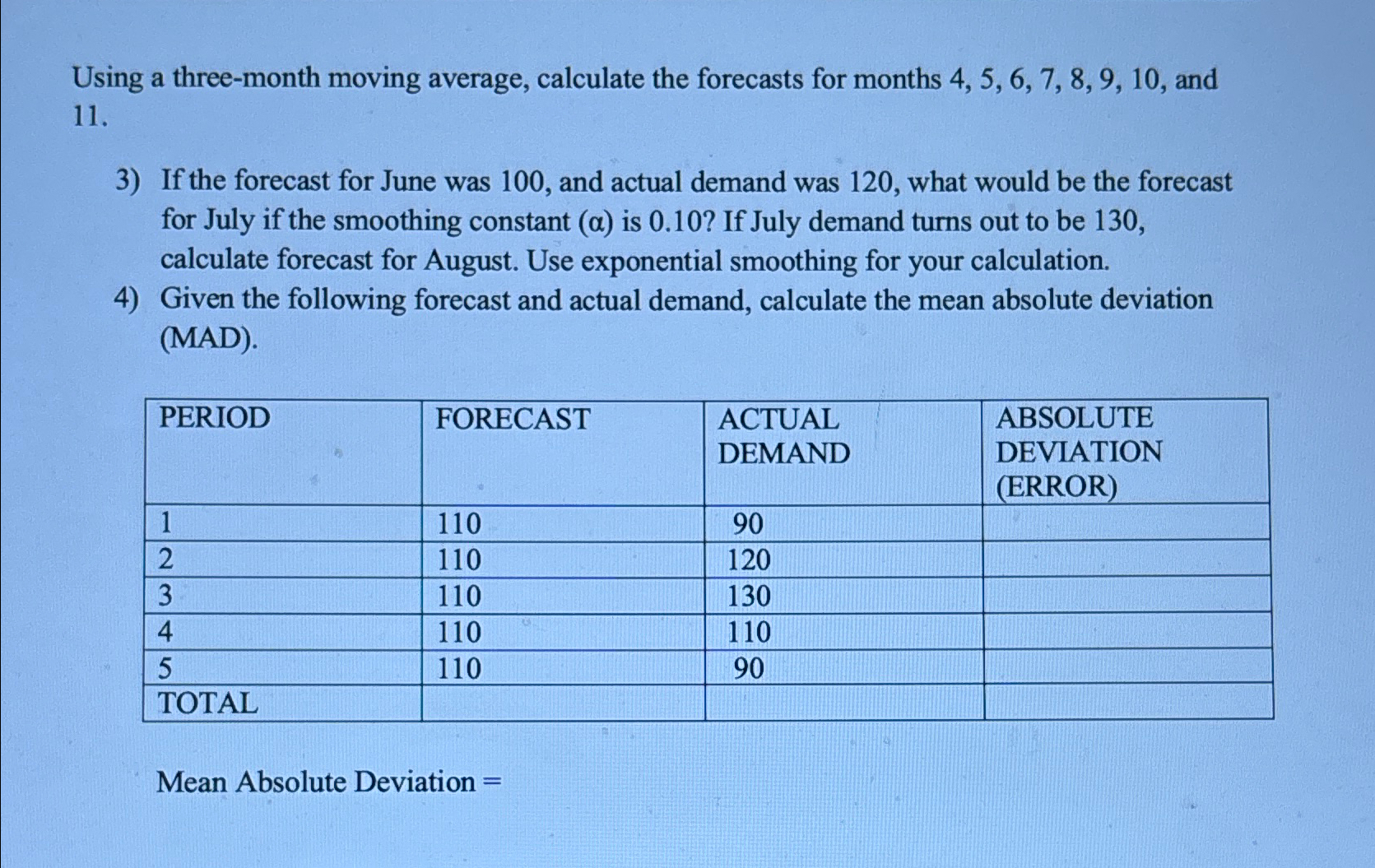 Solved Using a three-month moving average, calculate the | Chegg.com