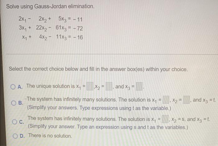 Solved Solve using Gauss-Jordan elimination. - 2x, - 2X2 + | Chegg.com