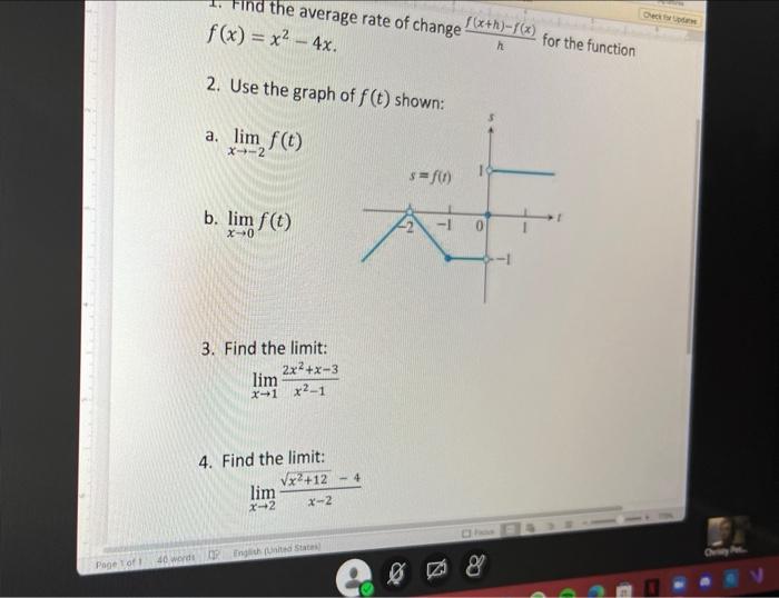 Solved f(x)=x2−4x. 2. Use the graph of f(t) shown: a. | Chegg.com