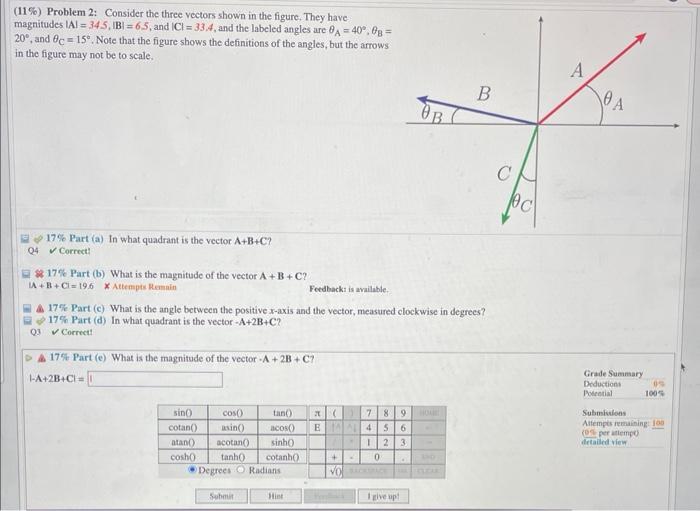 Solved (11\%) Problem 2: Consider the three vectors shown in | Chegg.com