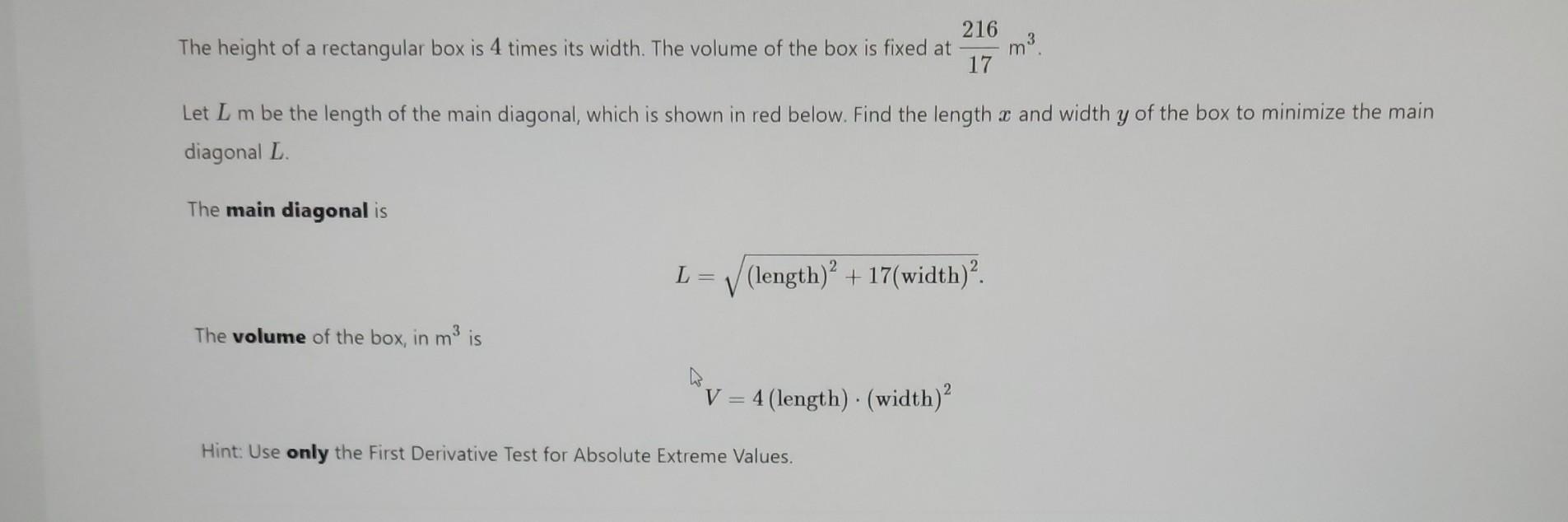 Solved The height of a rectangular box is 4 times its width. | Chegg.com