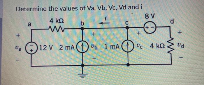 Solved Determine the values of Va, Vb, Vc, Vd and i i 8 V 4 | Chegg.com