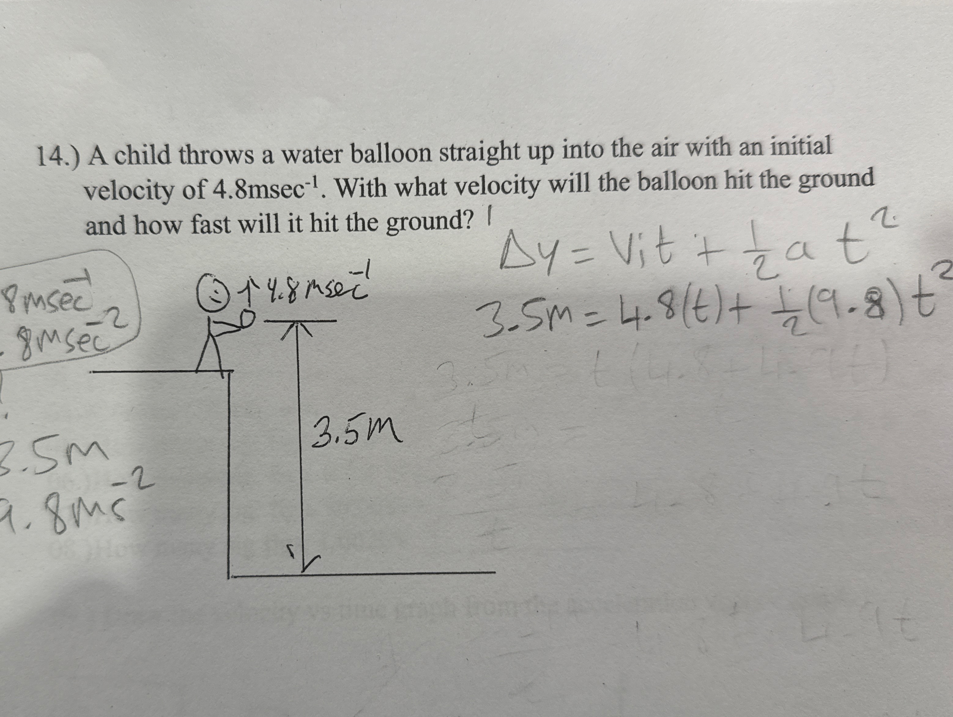 Solved 14.) ﻿A child throws a water balloon straight up into | Chegg.com