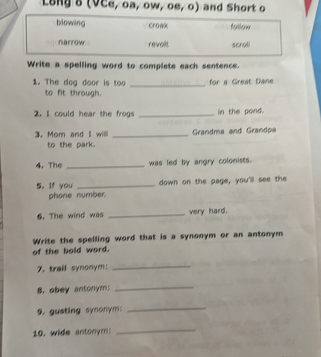 Long o (VCe, ﻿oa, ﻿ow, ﻿oe, ﻿o) ﻿and Shork oWrite a | Chegg.com